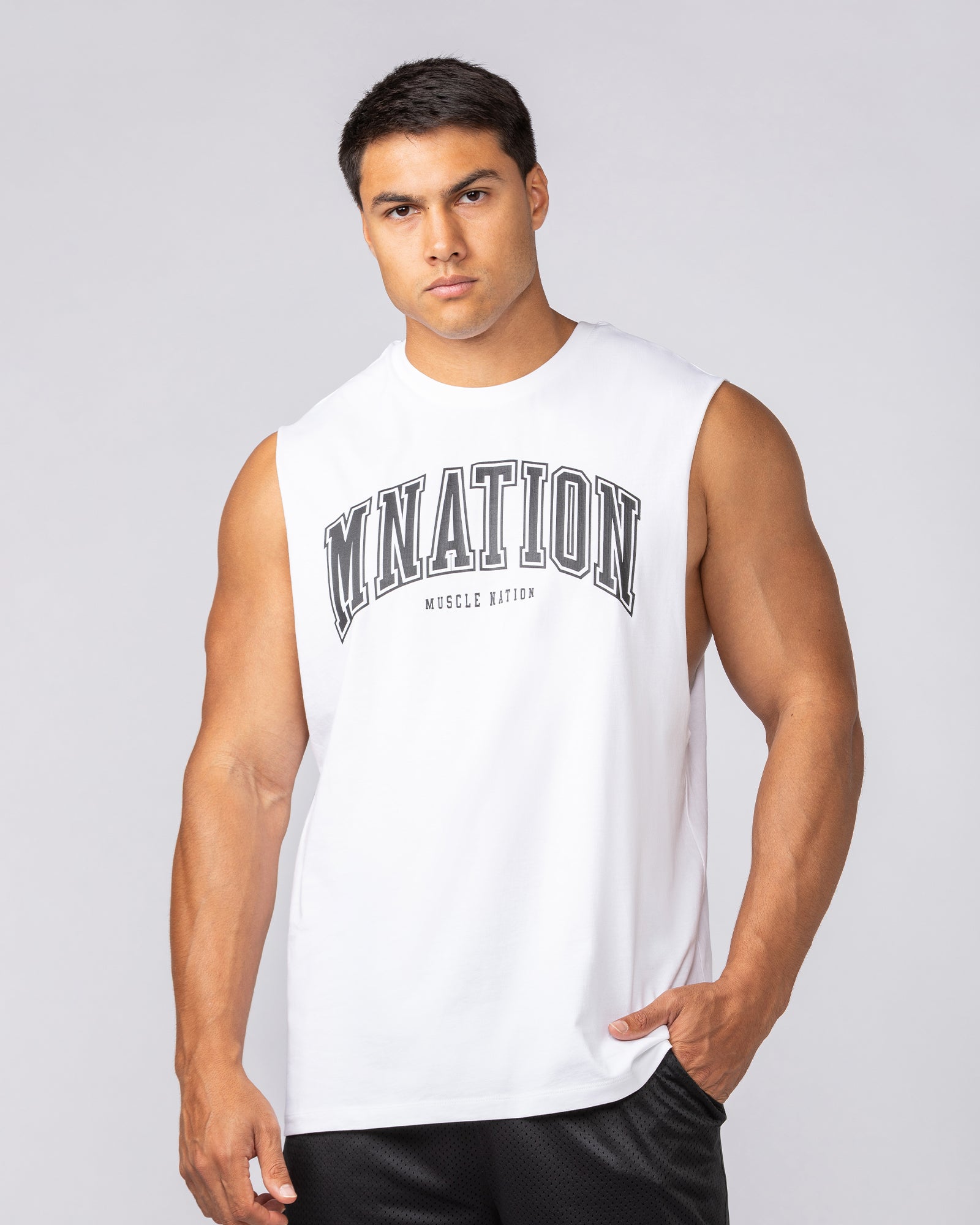 Varsity Training Drop Arm Tank - White - Muscle Nation